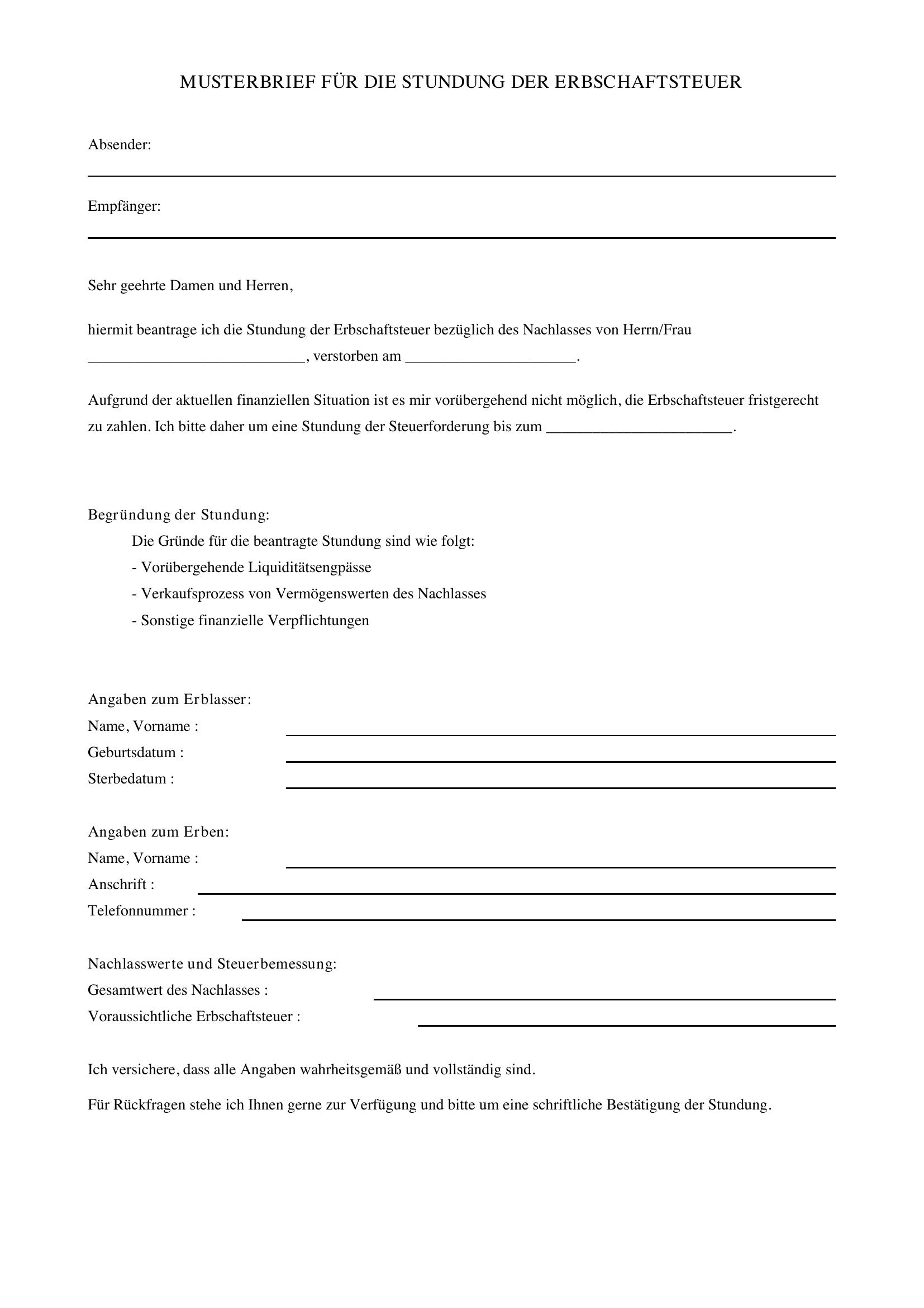 Erbschaftssteuer Stundung Musterbrief