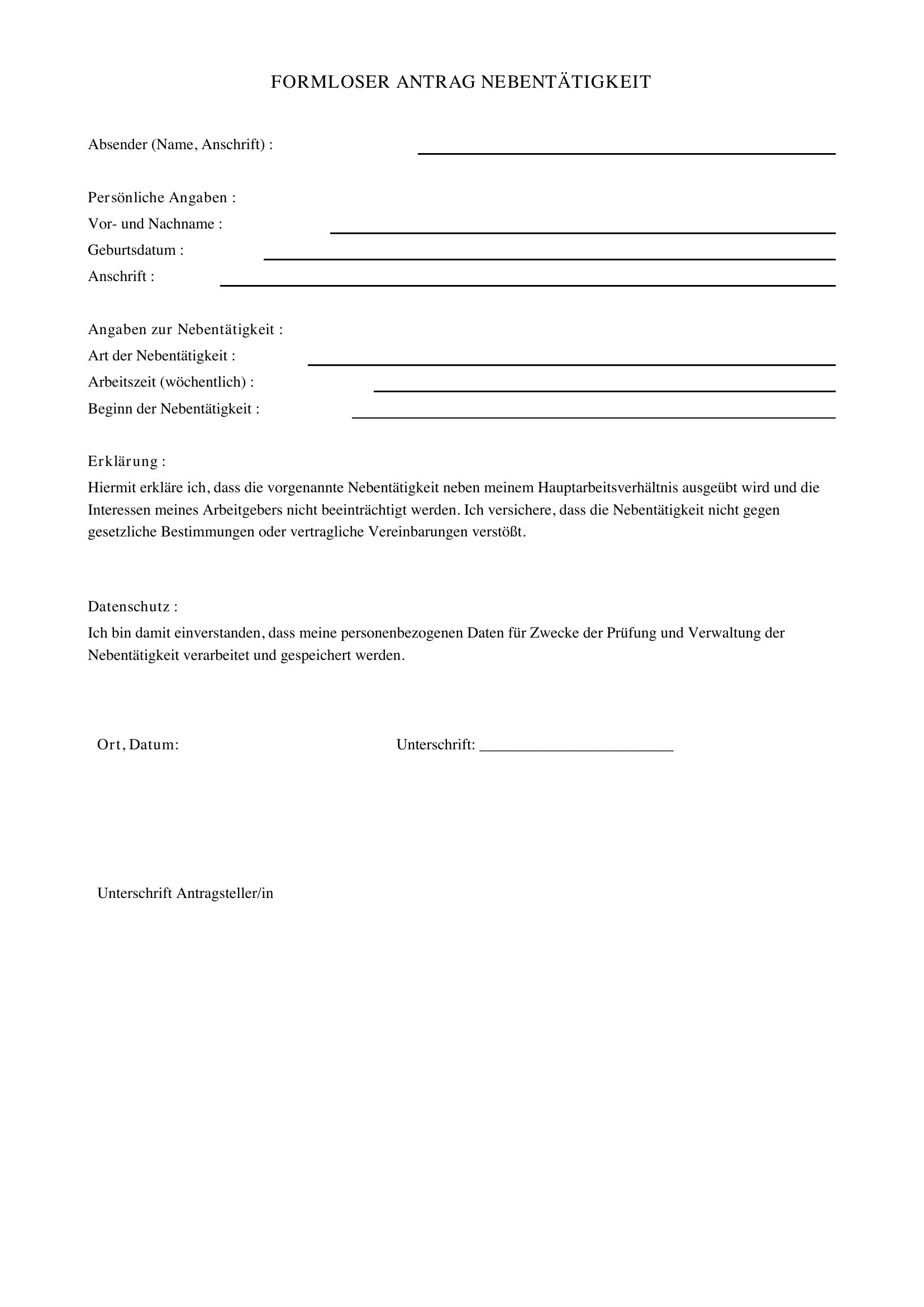 Formloser Antrag Nebentätigkeit Vorlage