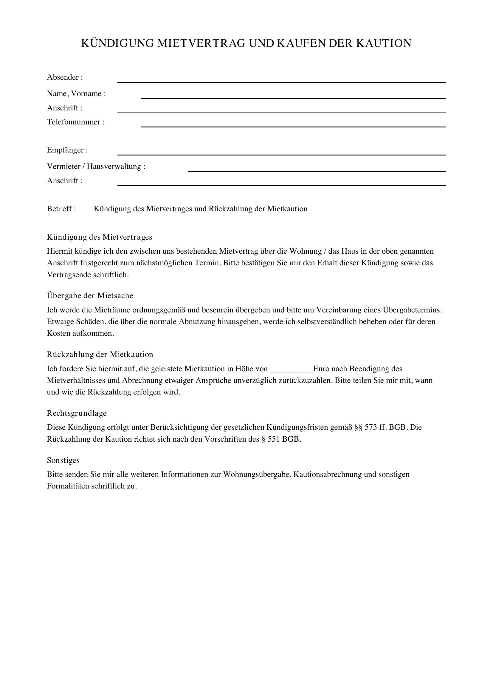 Kndigung Mietvertrag Kaution Erwhnen