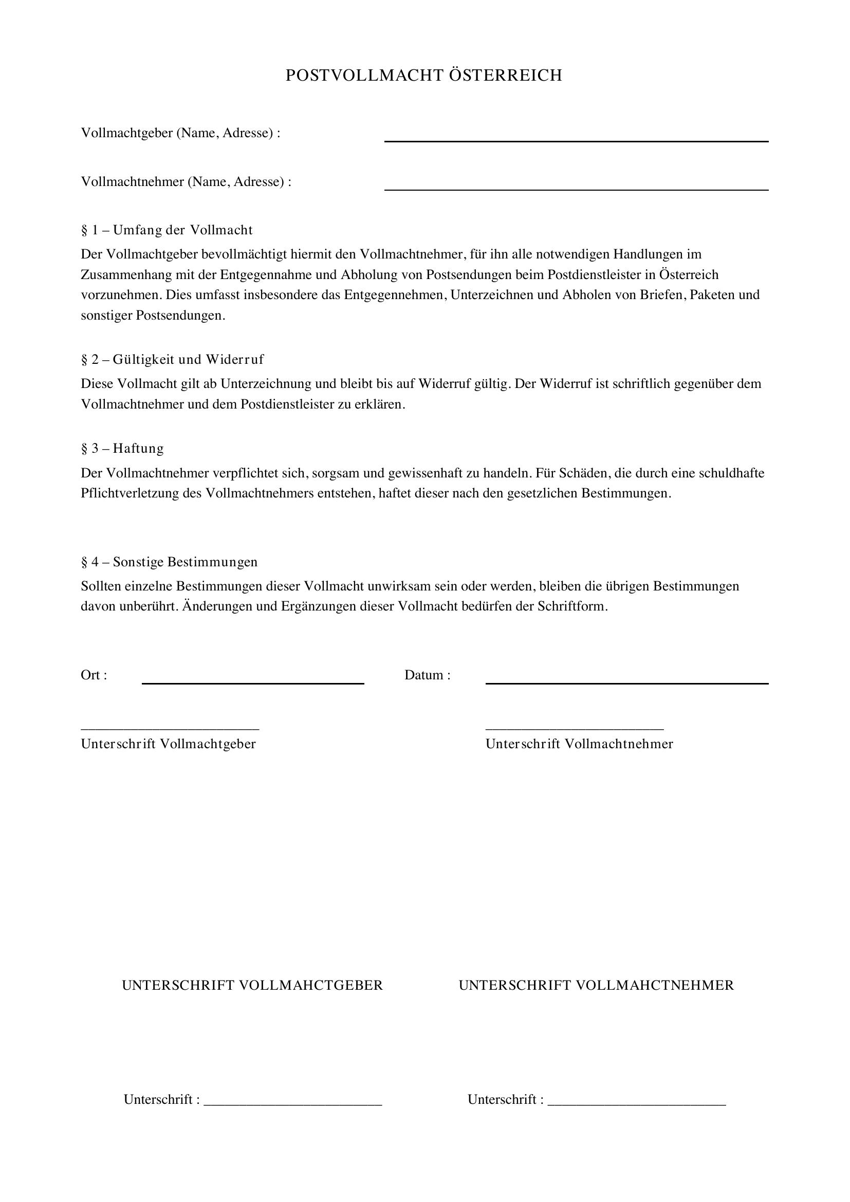 Postvollmacht Österreich