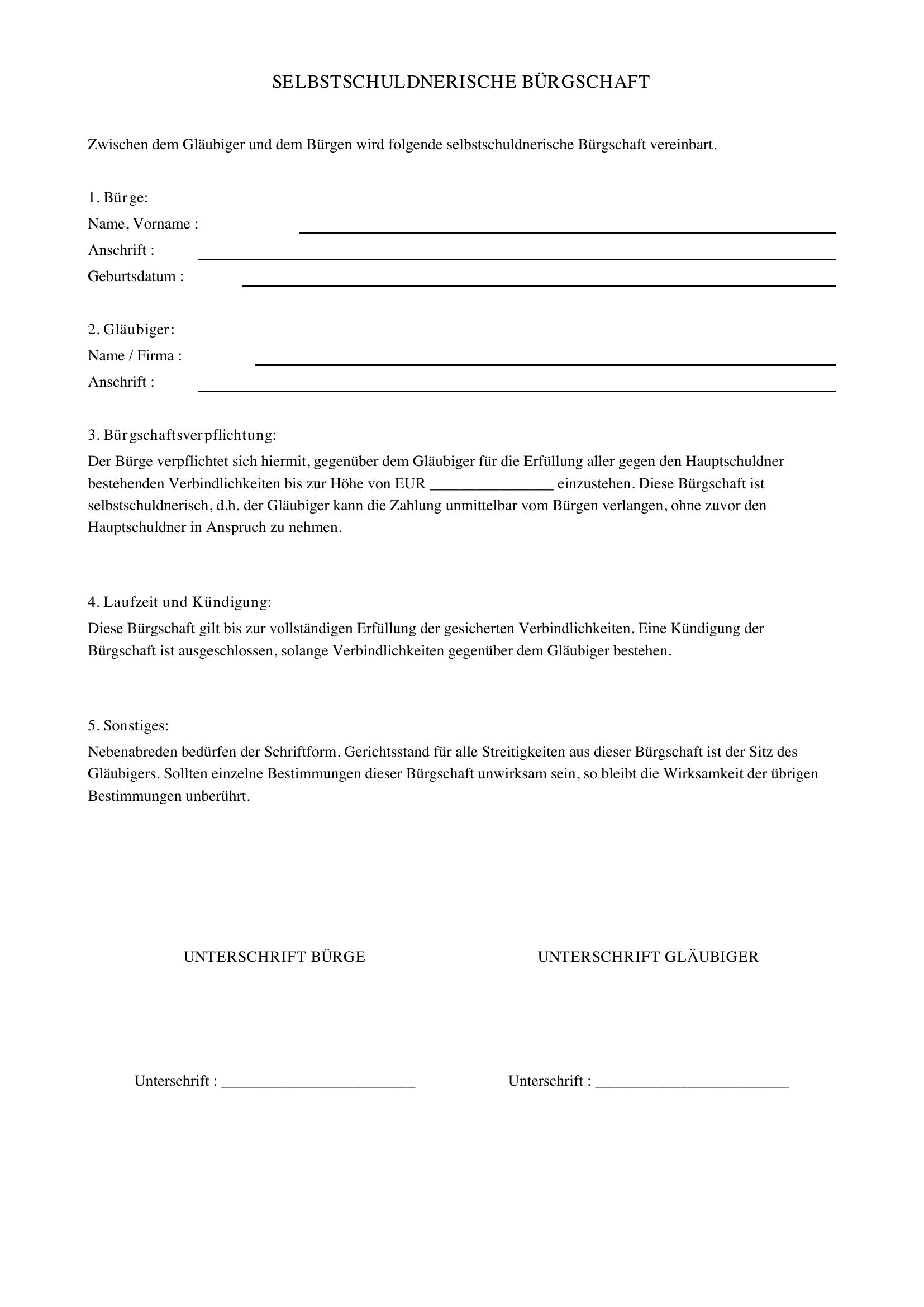 Selbstschuldnerische Bürgschaft Vorlage Pdf